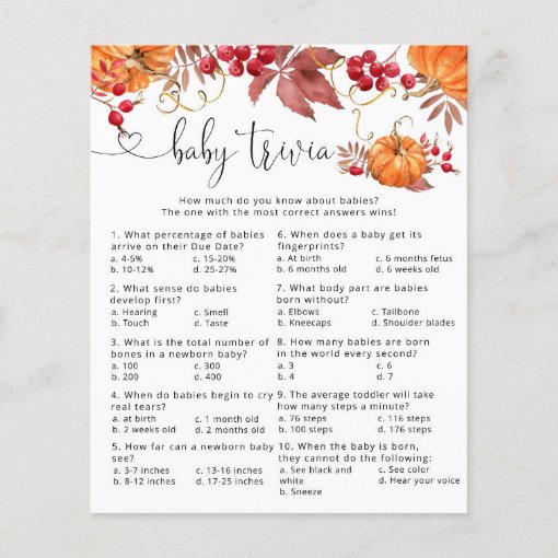 Fall orange pumpkin Baby trivia baby shower game | Zazzle