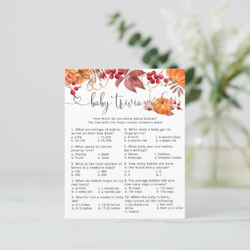 Fall orange pumpkin Baby trivia baby shower game | Zazzle