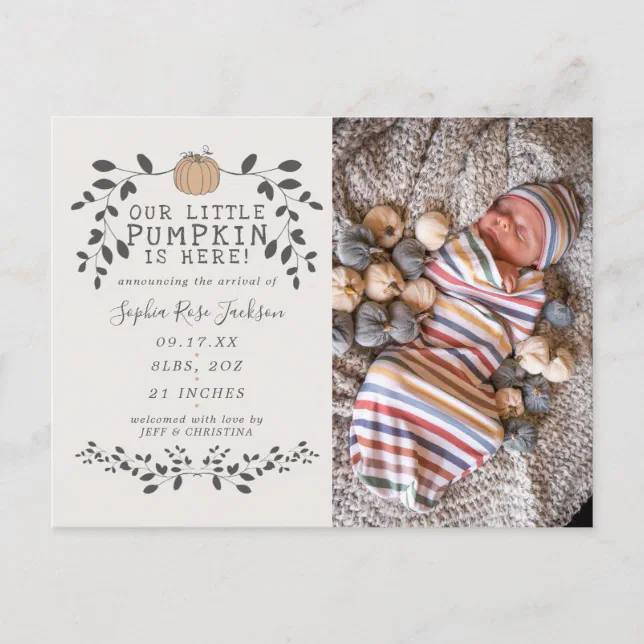 Fall Our Little Pumpkin Birth Baby Announcement Postcard | Zazzle