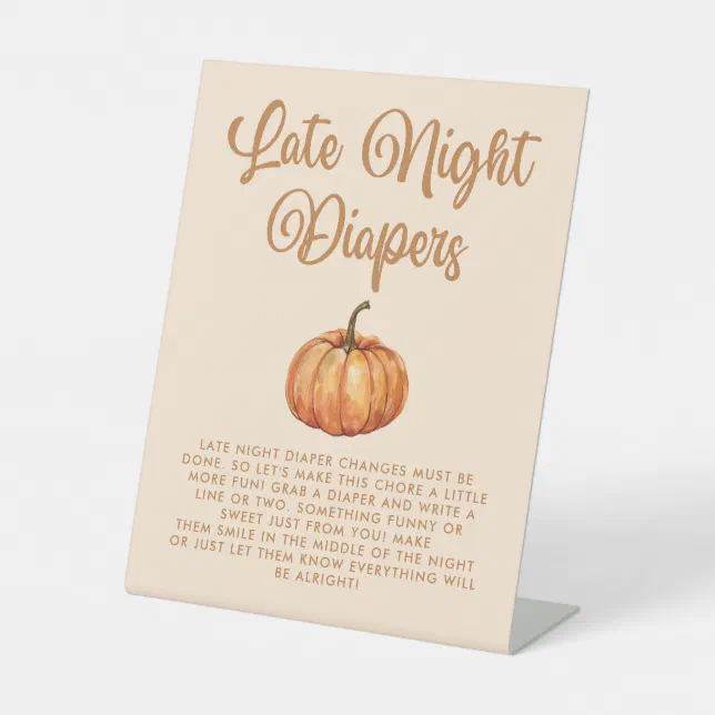 Fall Pumpkin Baby Shower Late Night Diapers Game Pedestal Sign | Zazzle