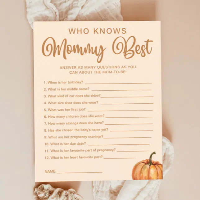 Fall Pumpkin Baby Shower Who Knows Mommy Best Game | Zazzle