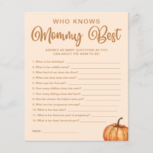Fall Pumpkin Baby Shower Who Knows Mommy Best Game | Zazzle