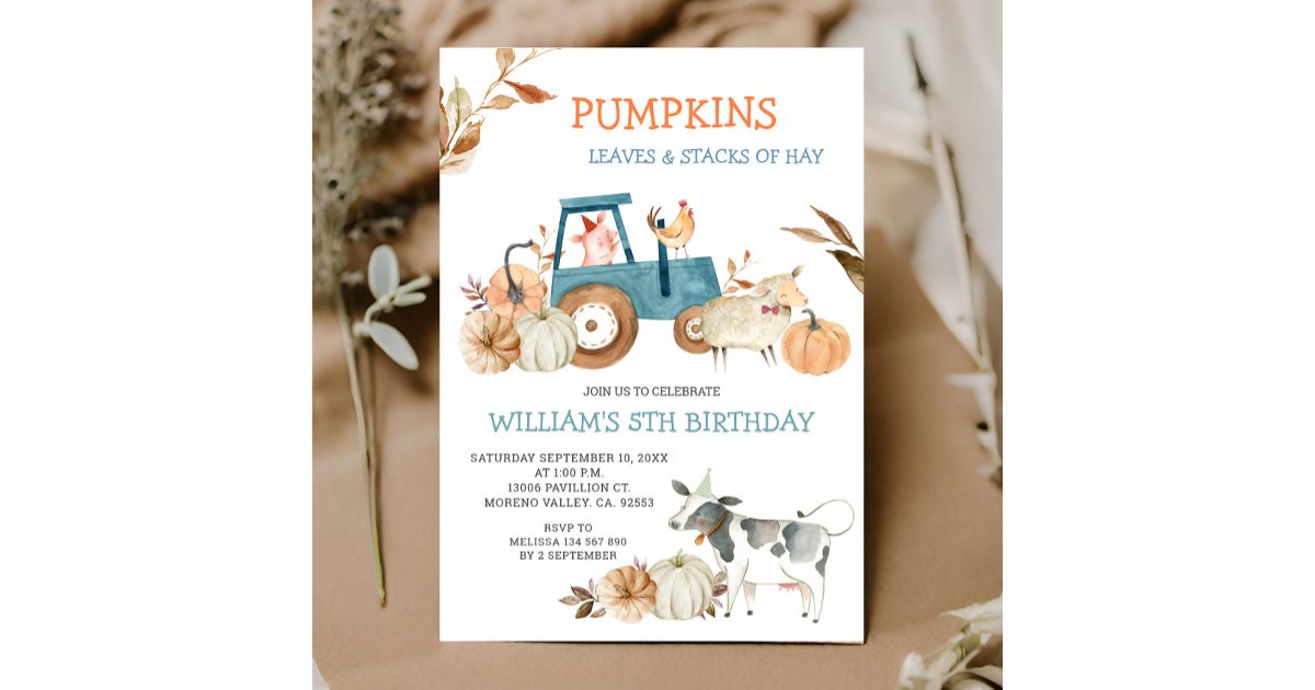 Fall Pumpkin Farm Animal Birthday Invitation | Zazzle