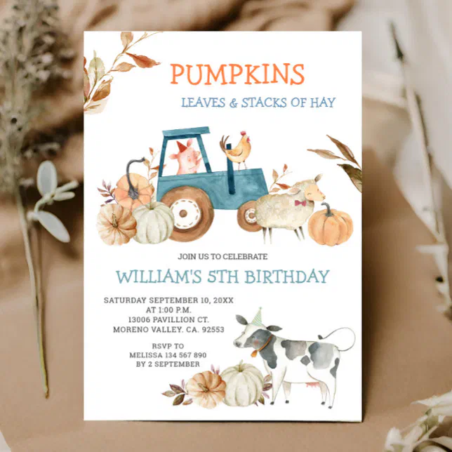 Fall Pumpkin Farm Animal Birthday Invitation | Zazzle