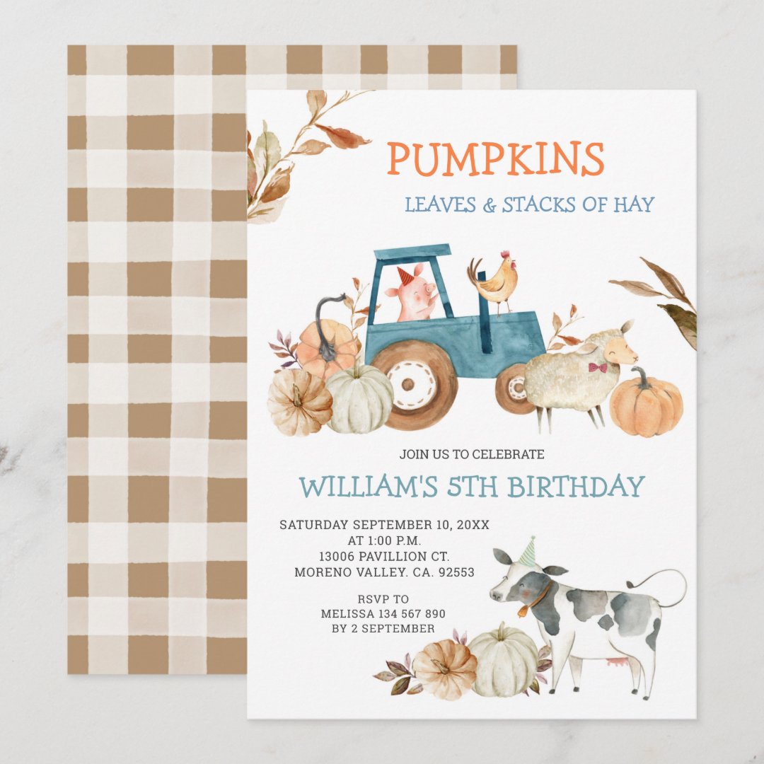 Fall Pumpkin Farm Animal Birthday Invitation | Zazzle