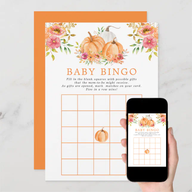 Fall Pumpkin Floral Baby Shower Bingo Game Invitation | Zazzle