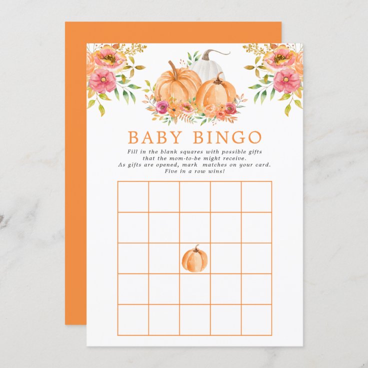 Fall Pumpkin Floral Baby Shower Bingo Game Invitation | Zazzle