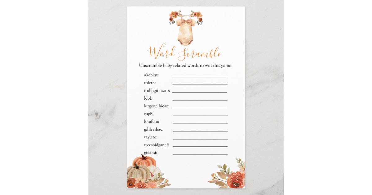 Fall Pumpkin Floral Baby Shower Word Scramble Game | Zazzle