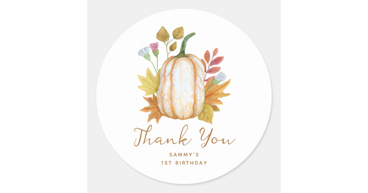 Fall Pumpkin Floral Birthday Thank You Favor Classic Round Sticker | Zazzle