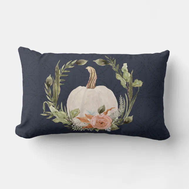 Fall Pumpkin Foliage Terracotta Floral Navy Blue Lumbar Pillow | Zazzle