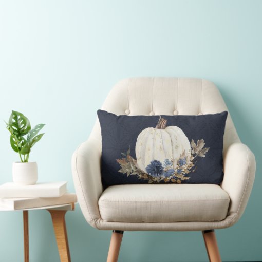 Fall Pumpkin Foliage Watercolor Navy Blue Floral Lumbar Pillow | Zazzle