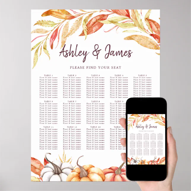 Fall Pumpkin Golden Foliage Wedding Seating Chart | Zazzle