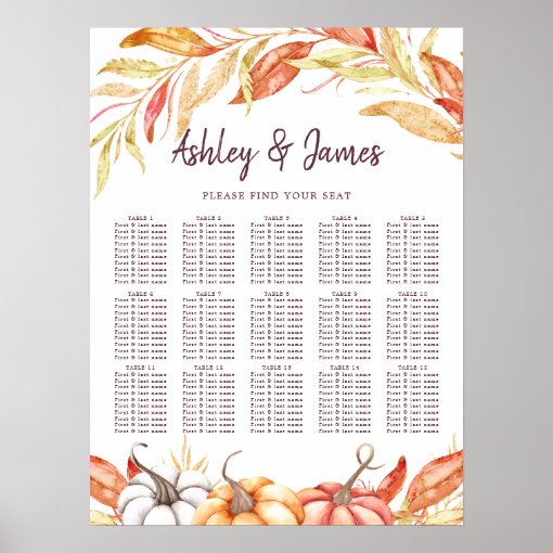 Fall Pumpkin Golden Foliage Wedding Seating Chart | Zazzle