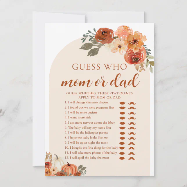 Fall Pumpkin Guess Who Mom or Dad Baby Shower Game Invitation | Zazzle