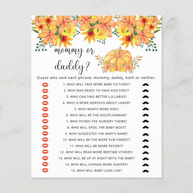Fall pumpkin mommy or daddy baby shower game | Zazzle
