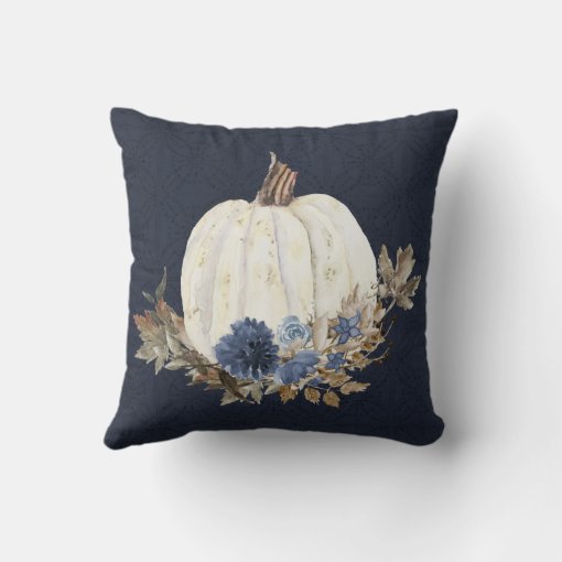 Fall Pumpkin Navy Blue Watercolor Floral Foliage Throw Pillow | Zazzle