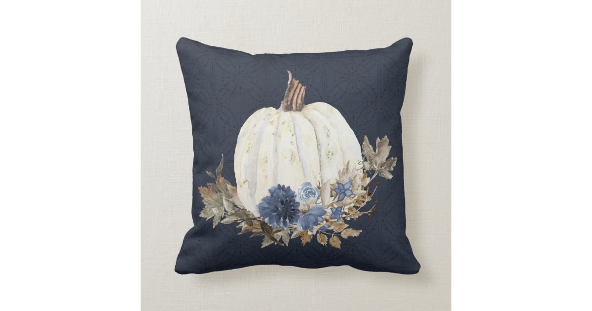 Fall Pumpkin Navy Blue Watercolor Floral Foliage Throw Pillow | Zazzle.com