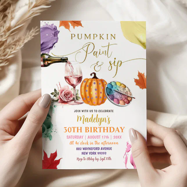 Fall Pumpkin Paint and Sip Birthday Party Invitation | Zazzle