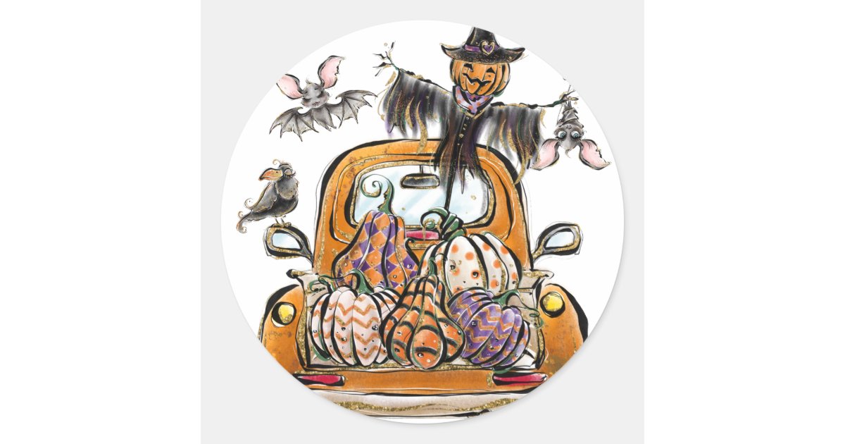 Fall Pumpkin Patch Truck with bats scarecrow bird Classic Round Sticker ...