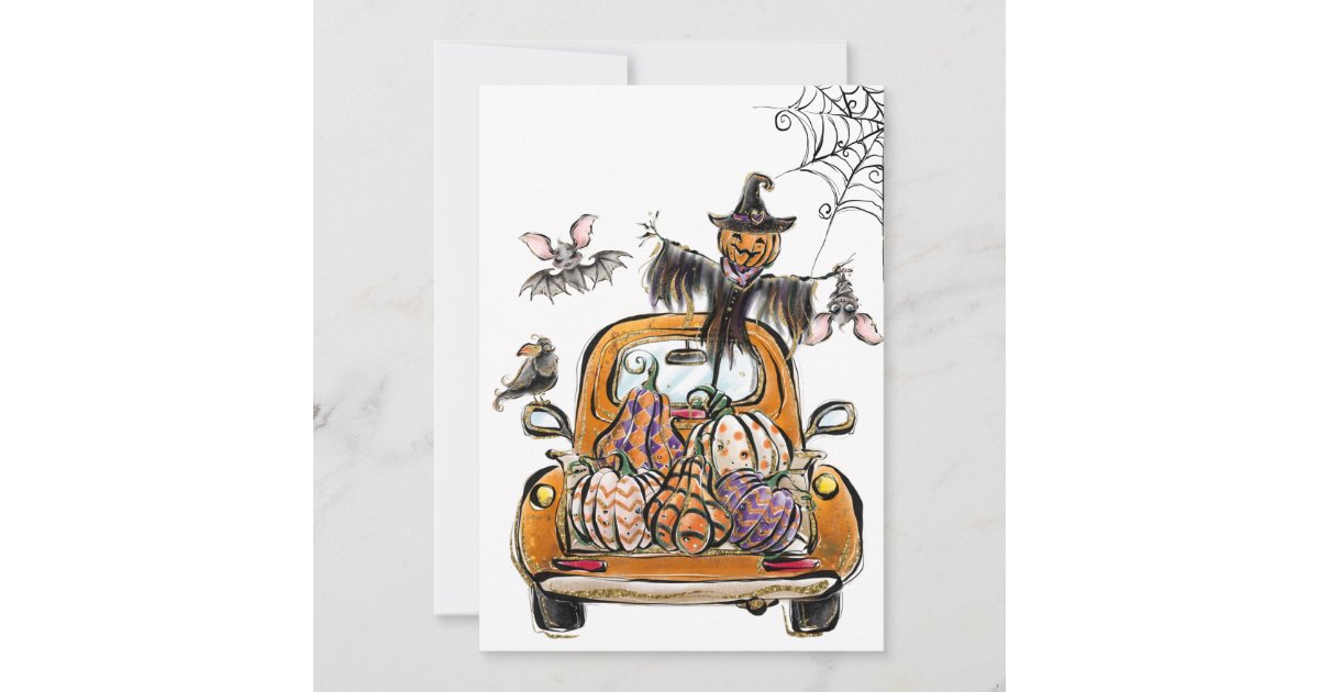 Fall Pumpkin Patch Truck with bats scarecrow bird Invitation | Zazzle
