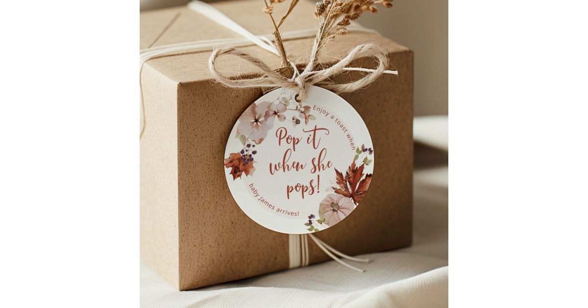 Fall pumpkin Pop it when she pops baby shower Favor Tags | Zazzle