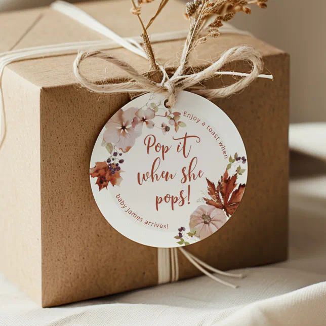 Fall pumpkin Pop it when she pops baby shower Favor Tags | Zazzle