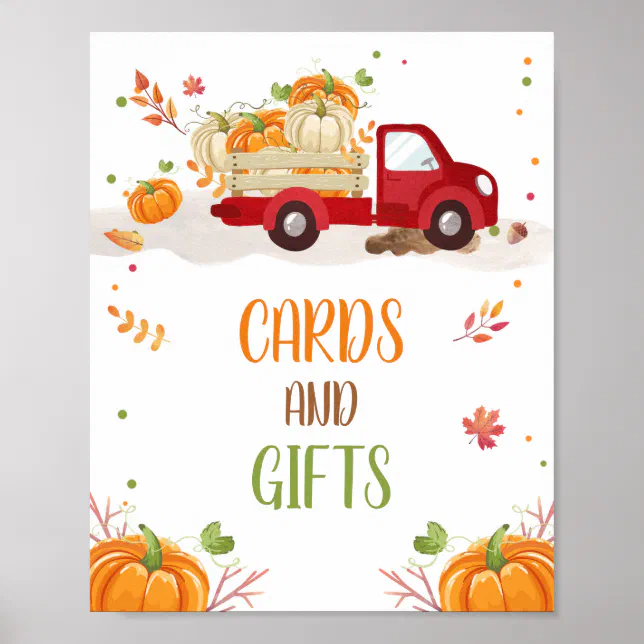 Fall Pumpkin Red Truck Cards and Gifts Table Sign | Zazzle