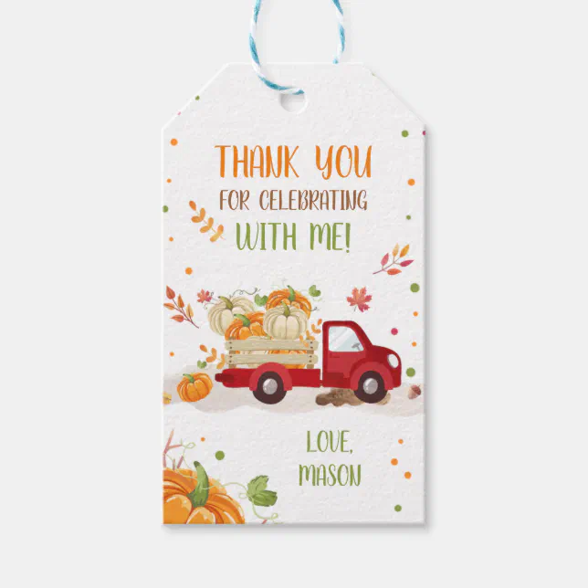 Fall Pumpkin Red Truck Confetti Thank You Favor Gift Tags | Zazzle
