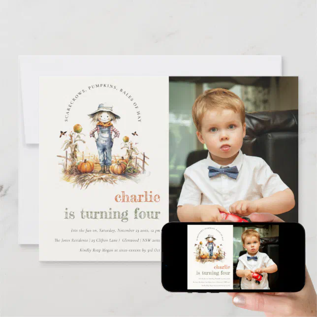 Fall Pumpkin Scarecrow Harvest Kids Photo Birthday Invitation | Zazzle
