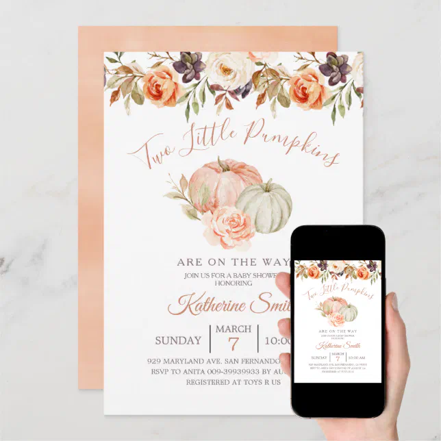 Fall Pumpkin Two Little Pumpkin Baby Shower Invitation | Zazzle