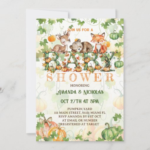 Fall Pumpkin Woodland Animals Baby Shower Invitation | Zazzle