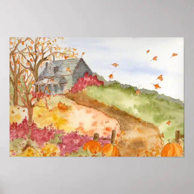 Fall Pumpkins Country Home Watercolor Landscape Poster | Zazzle