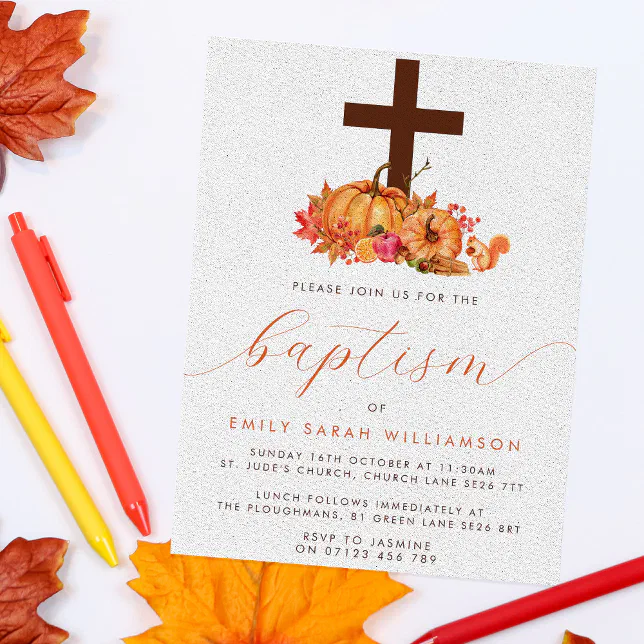 Fall Pumpkins & Cross Baby Baptism Invitation | Zazzle