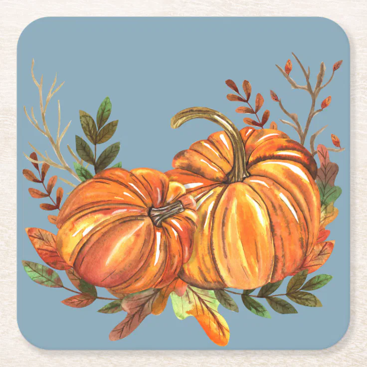Fall Pumpkins Dusty Blue Square Paper Coaster | Zazzle