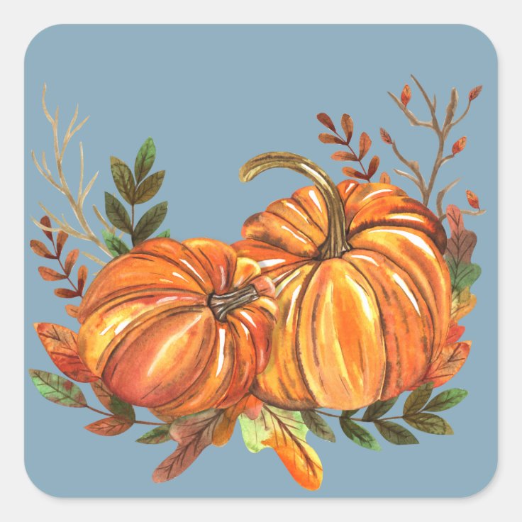 Fall Pumpkins Dusty Blue Square Sticker | Zazzle