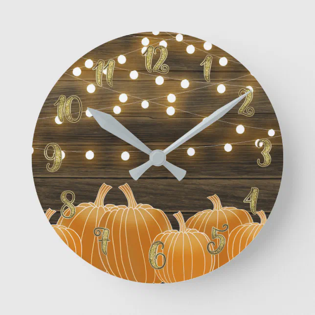 Fall Pumpkins & String Lights Rustic Personalized Round Clock | Zazzle