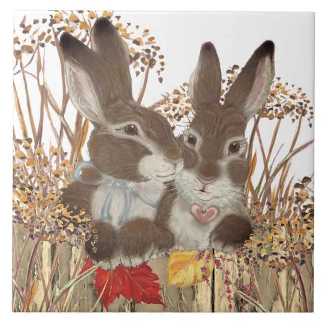 Fall Rabbit Bunny Autumn Leaves Cute Seasonal Art Ceramic Tile | Zazzle