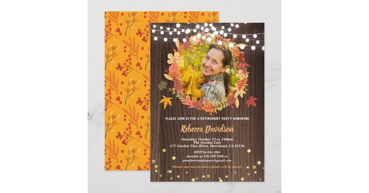 Fall retirement party thanksgiving rustic photo invitation | Zazzle