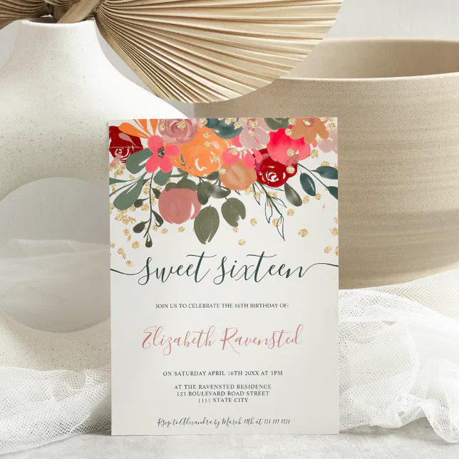 Fall retro floral watercolor gold sweet sixteen invitation | Zazzle