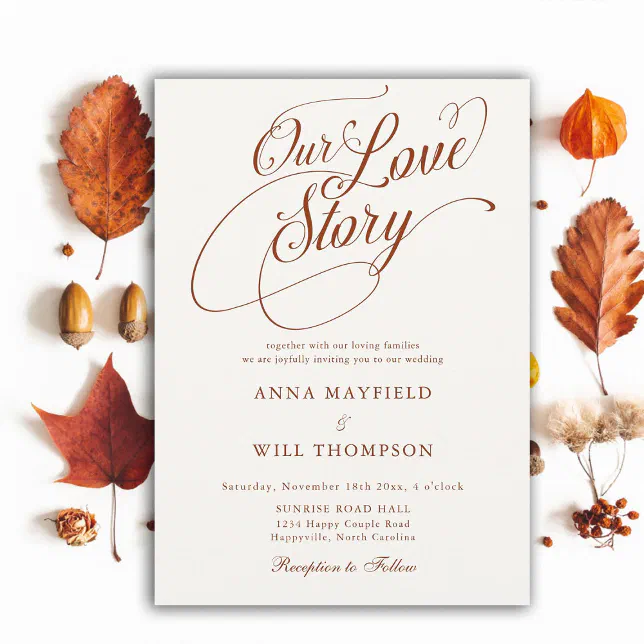 Fall Romantic Calligraphy Our Love Story Wedding Invitation | Zazzle