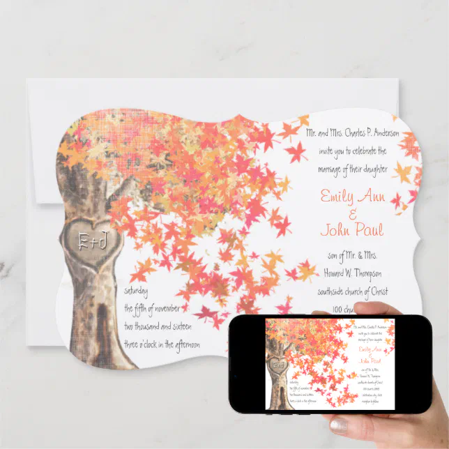 Fall Romantic Rustic Tree Orange Yellow Wedding Invitation | Zazzle