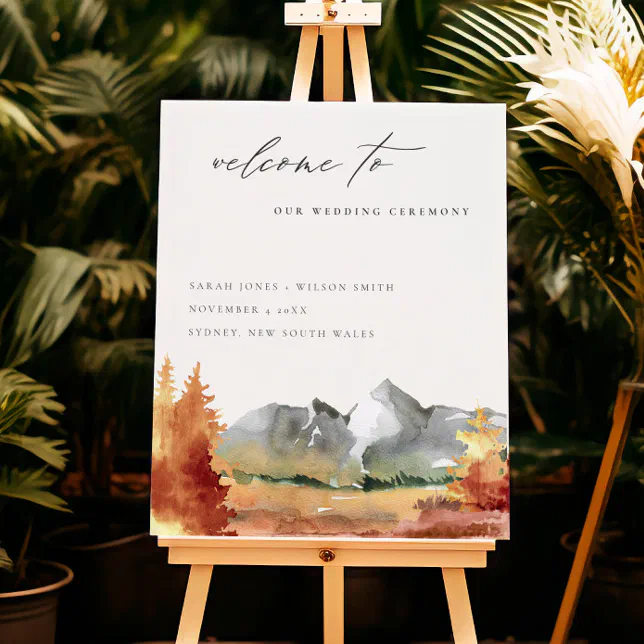 Fall Rust Mountain Trees Foliage Wedding Welcome Foam Board | Zazzle