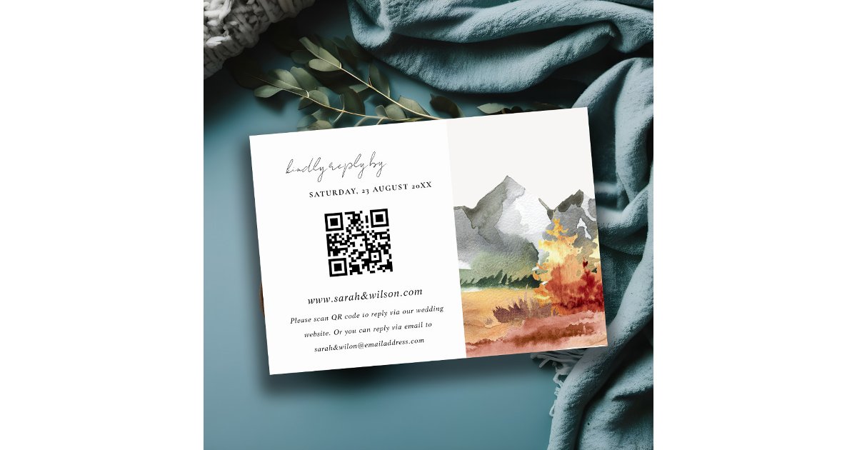 Fall Rust Mountain Trees Wedding QR Code RSVP Enclosure Card | Zazzle