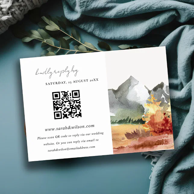 Fall Rust Mountain Trees Wedding QR Code RSVP Enclosure Card | Zazzle