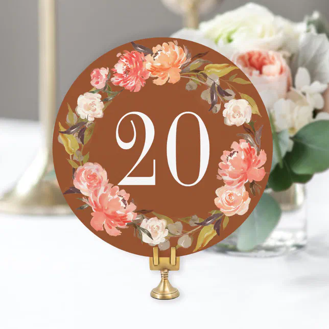 Fall Rust Peach Watercolor Floral Table Number | Zazzle