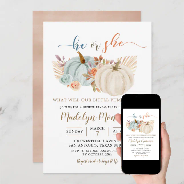 Fall Rustic Boho Pumpkin Gender Reveal Invitation | Zazzle