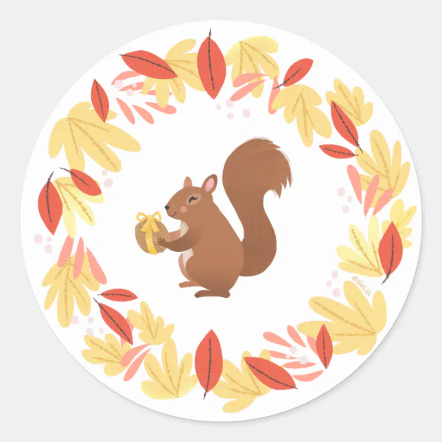 Fall Squirrel with Nut Classic Round Sticker | Zazzle
