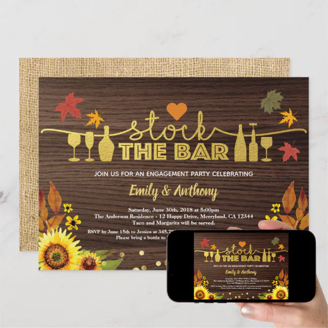 Fall stock the bar sunflower burap wood invitation | Zazzle