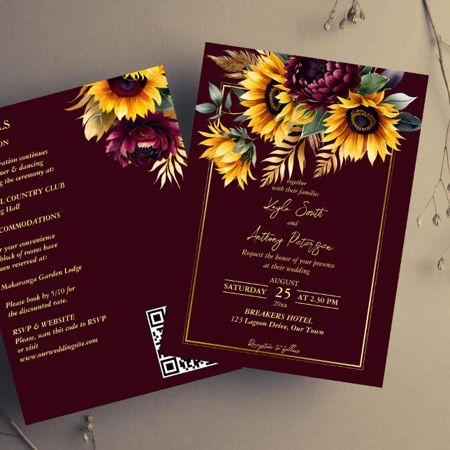 Fall summer wedding burgundy sunflowers all in one invitation | Zazzle