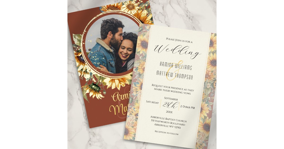 Fall Sunflower Burnt Orange Custom Photo Wedding Foil Invitation | Zazzle